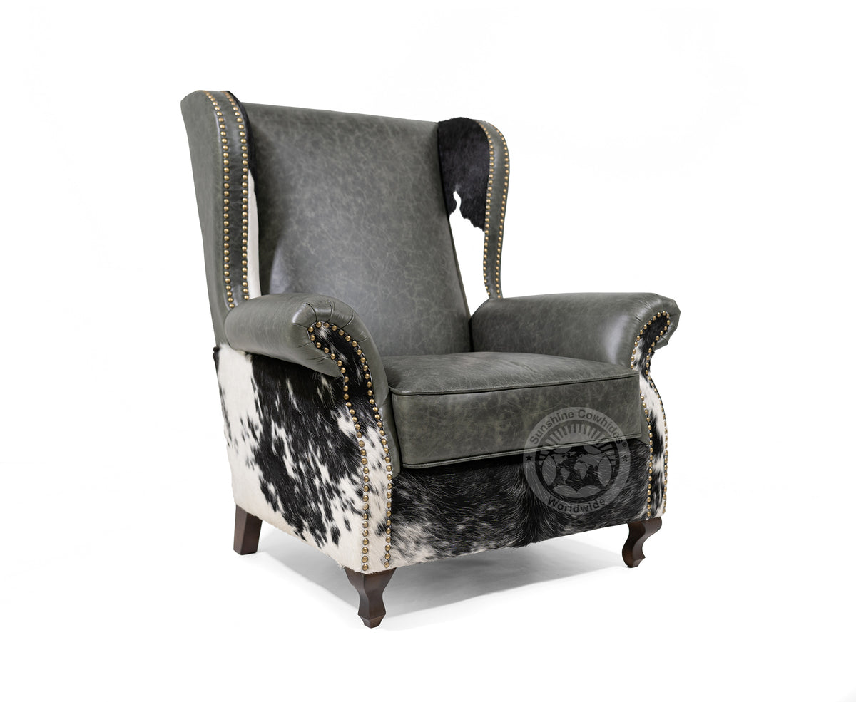 Leather Wingback Chair with Hair On Cowhide Accents — Luxury Cowhides