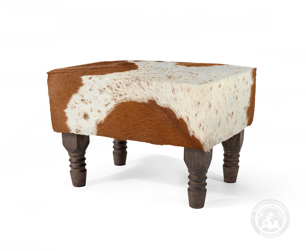 Cowhide Footstool with Wooden Legs - Brown and White — Luxury Cowhides