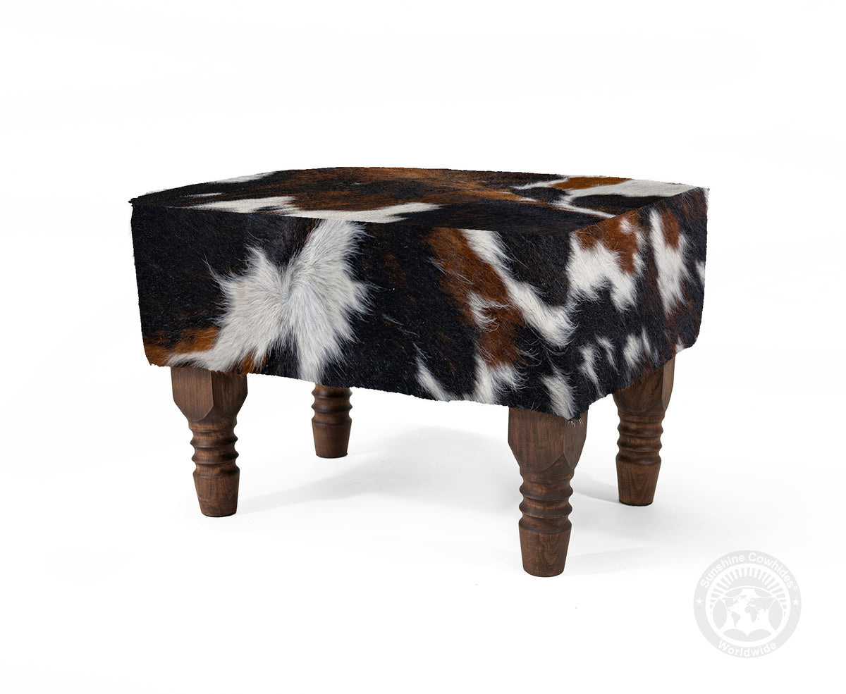 Cowhide Footstool with Wooden Legs - Tricolor Dark — Luxury Cowhides