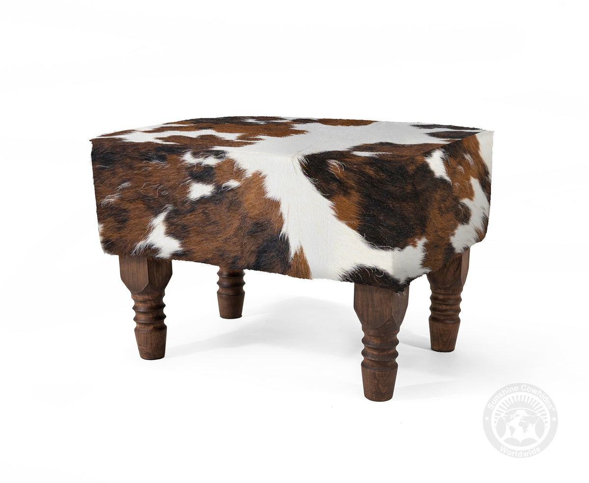 Cowhide Footstool with Wooden Legs - Tricolor — Luxury Cowhides