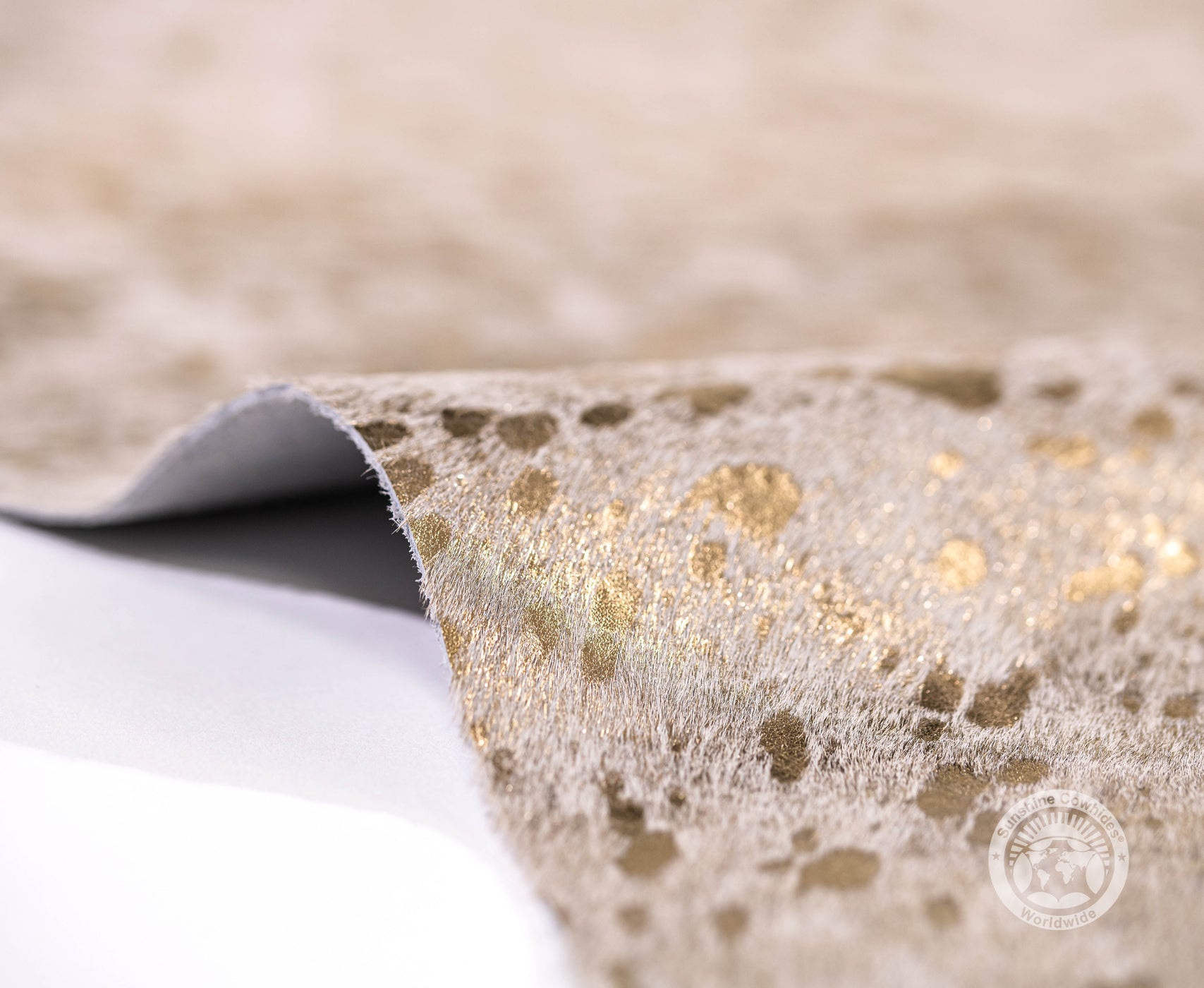 Devore Metallic Gold on Off White Cowhide Rug — Luxury Cowhides